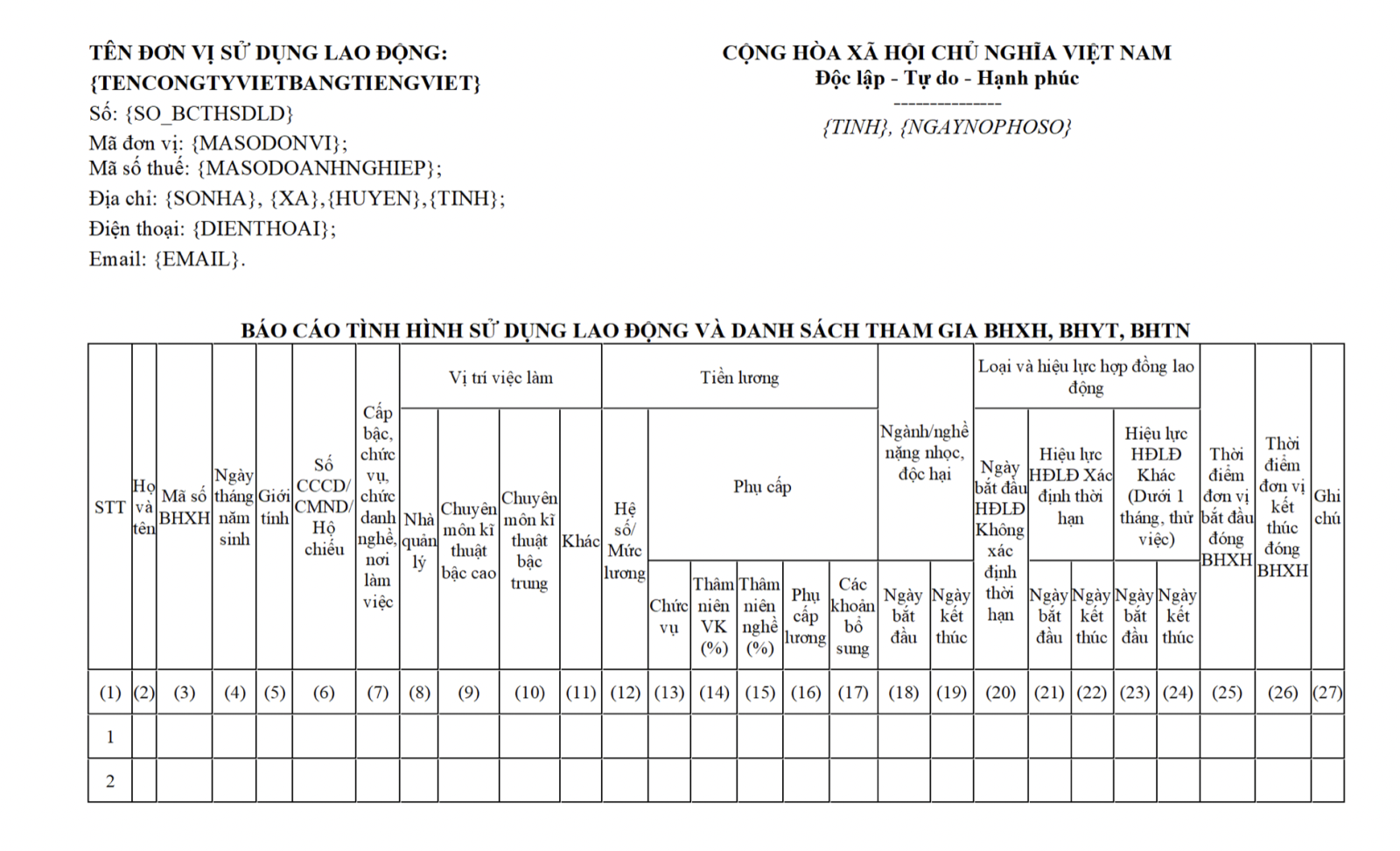 Mẫu Báo cáo tình hình sử dụng lao động, tham gia BHXH, BHYT (Mẫu D02-LT)